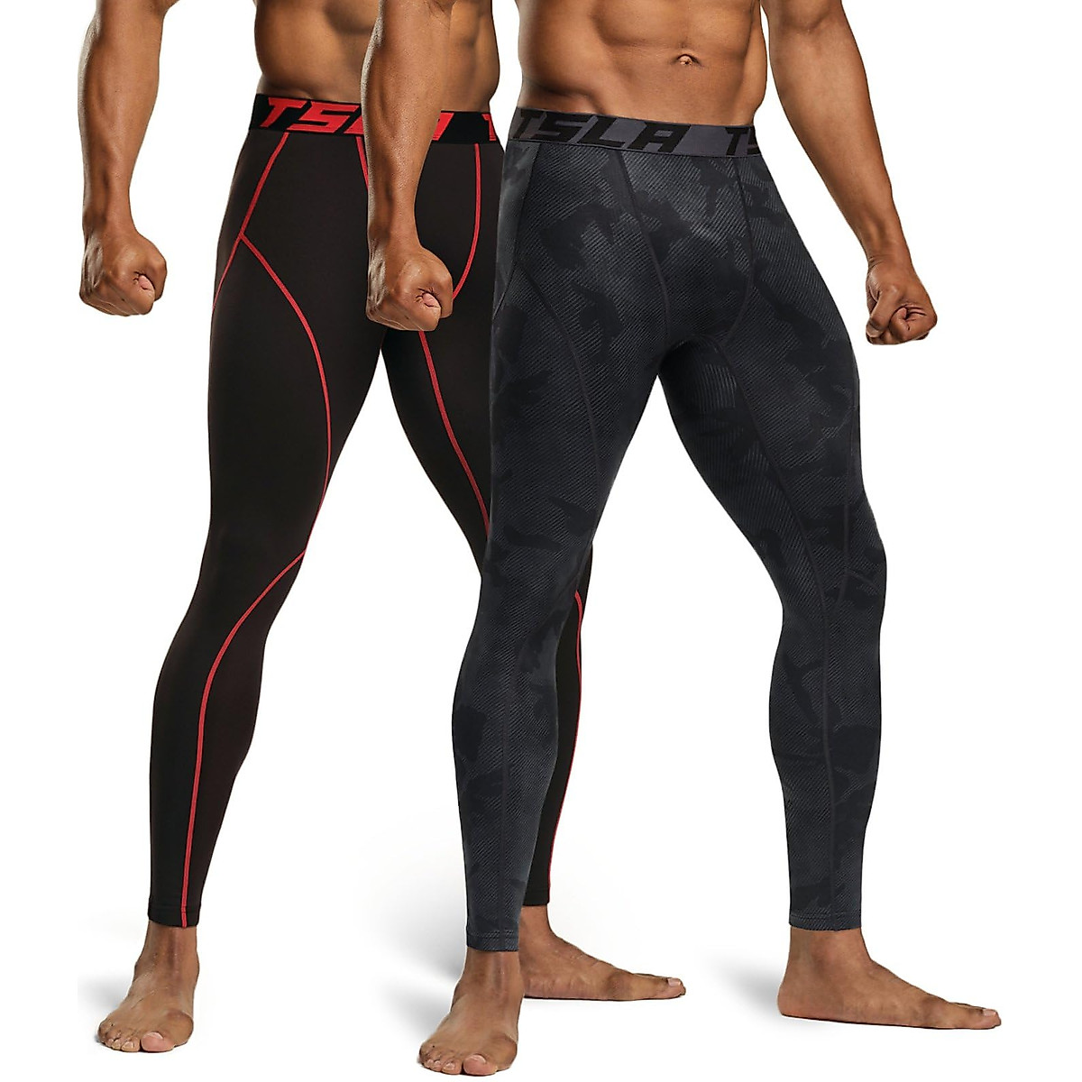 TSLA Men's Thermal Compression Pants, Athletic Sports Leggings & Running Tights, Wintergear Base Layer Bottoms, 2pack Tights Black&red/Woodland Slash Black, X-Large