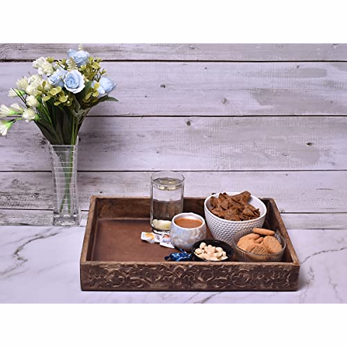 STORE INDYA Hand Carved Wooden Breakfast Serving Tray with Handle for Breakfast Tea Snack Dessert | Kitchen Dining Serve-Ware Accessories | 15 x 10 Inches