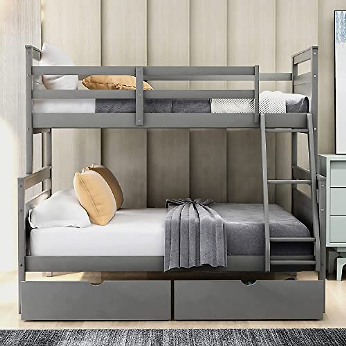 Twin Over Full Bunk Bed with Storage Drawers, Solid Wood Bunk Bed Frame for Kids, Teens, Adults (Gray)