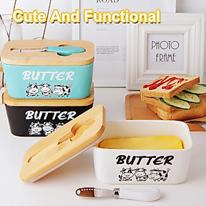 Butter Dish with Lid, Kitchenexus Ceramic Butter Keeper with Bamboo Cover & Butter Knife Spreader, Porcelain Butter Bowl Holder Container Perfect for Butter West or East Coast Butter