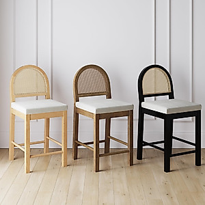 Nathan James Bailey Boucle Upholstered Rattan Bar Stool, Counter Height Stool with Natural Rattan Woven Back For Kitchen Island, Light Brown