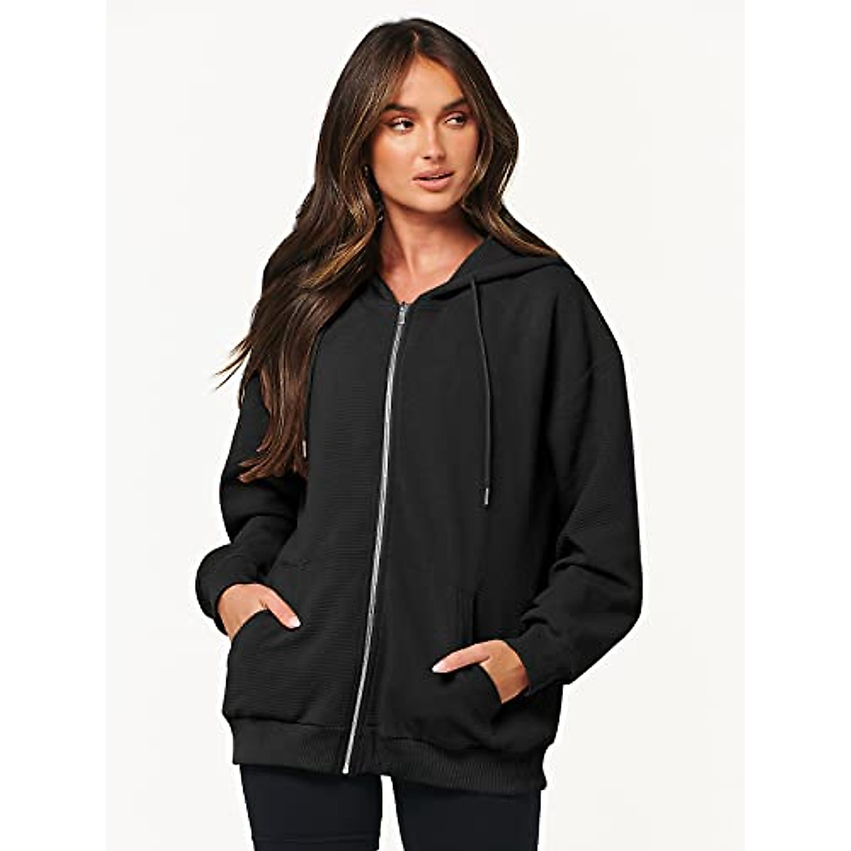 ANRABESS Women's Zip Up Hoodie Oversized Fall Sweatshirts Y2k Jacket Rib Knitted Casual Long Sleeve Shirts Comfy Clothes Black 931heise-XL