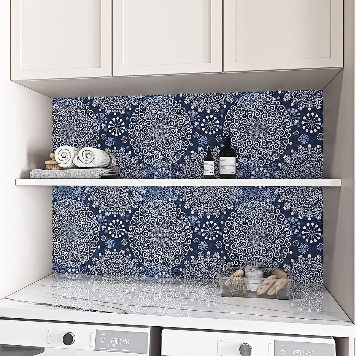 ReWallpaper Peel and Stick Wallpaper Boho Blue Bohemian Mural Wallpaper Stick & Peel Contact Paper for Walls 17.5in x 10ft Large Navy Floral Wall Paper Roll for Bedroom Bathroom Nursery Aesthetic