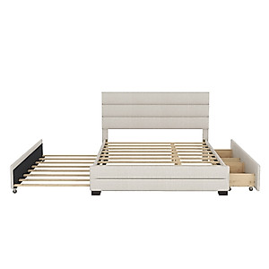 Harper & Bright Designs Queen Upholstered Platform Bed with Twin Size Trundle and Storage Drawers, Wooden Queen Bed Frame with Headboard, No Box Spring Needed (Queen Size, Beige)