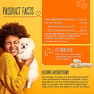 Omega-3 Fish Oil for Dogs by Pawsomely Healthy - High in EPA, DHA - Allergies, Itching, Shedding - Supports Immune System, Skin, Coat, Heart, Joints - 90 Powder Capsules