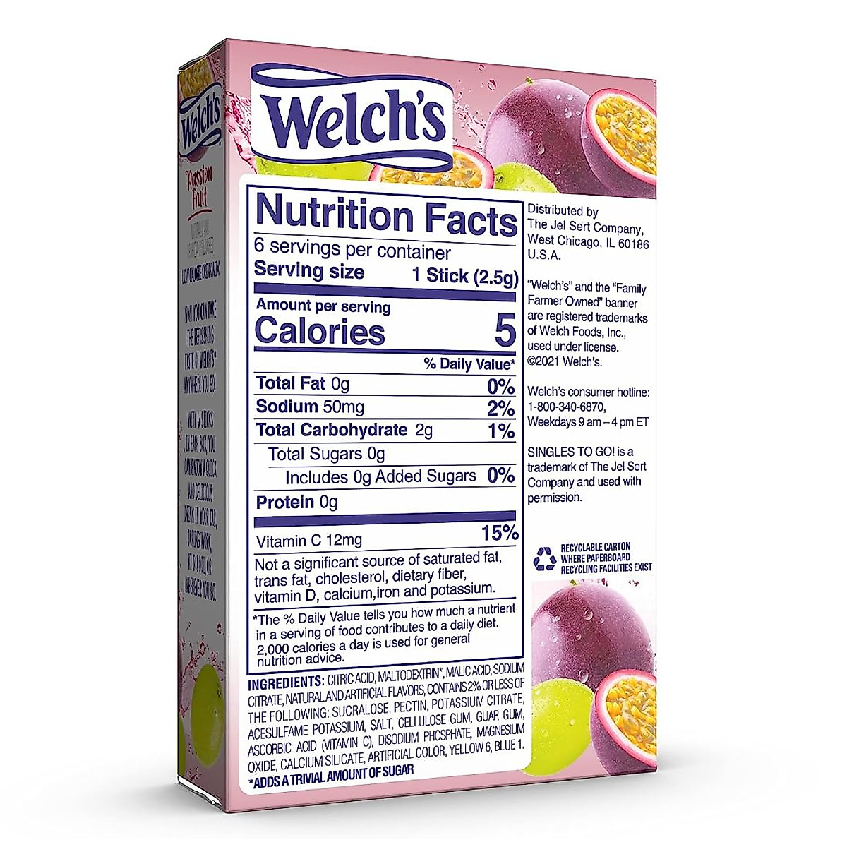 Welch's Singles To Go Drink Mix Passion Fruit, 6 Boxes (36 Servings)