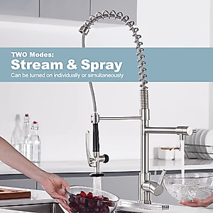 Commercial Kitchen Faucet with Pre-Rinse Sprayer, WOWOW Solid Brass Commercial Restaurant Faucet 1 or 3 Hole Spring Kitchen Faucet with Deck Plate, Brushed Nickel