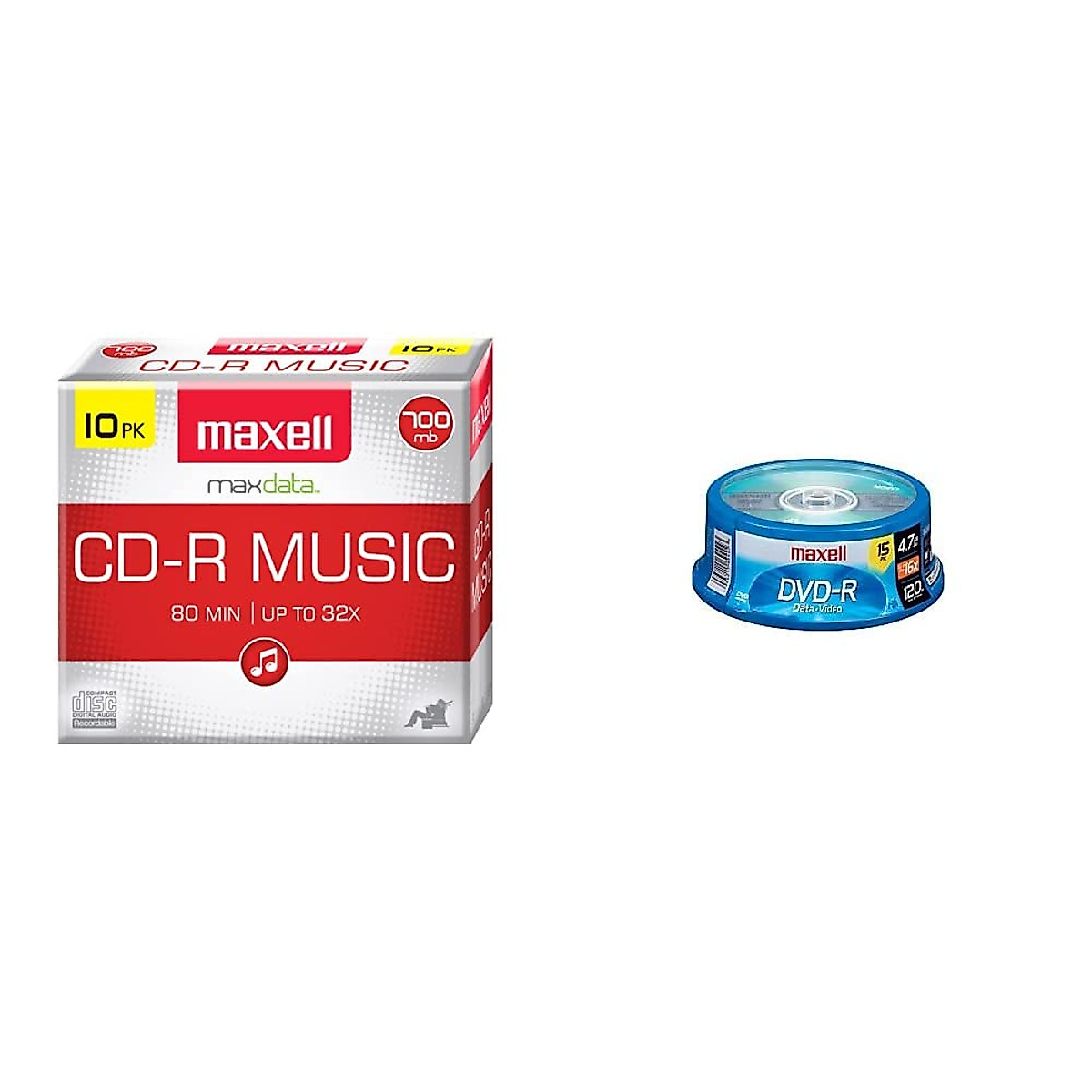 Maxell 625133 1-Time Recording Recordable CD & 638006 DVD-R 4.7 Gb Spindle with 2 Hour Recording Time and Superior Recording Layer Technology
