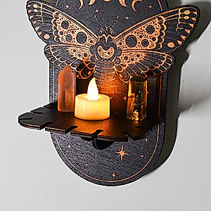 Moon Moth Shelf Crystals 10x5.5 inch Wooden Black Golden Boho Holder with Snake Pattern Crystal Gemstones Display Essential Oil Candles Gothic Home Decor (Type3-Butterfly)