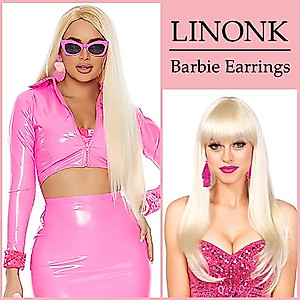 LINONKEY 4 Pcs Barbie Pink Heart Earrings Set Hot Pink Earrings for Women Lover Earrings Pink Heart Dangle Earrings Tassel Earrings for Women Lightweight Barbie Earrings for Women (4 pcs)