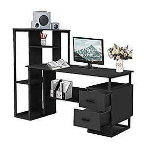 Computer Desk with Multiple Racks and Drawers - Writing Compact Desk Study Desk Industrial Style Workstation Laptop Table for Home Office Desk Students Study Desk Wood Table (from US)