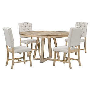 Lifeand 5-Piece Retro Functional Set, Round Table with a 16" w Leaf and 4 Upholstered Chairs for Dining Living Room,Natural