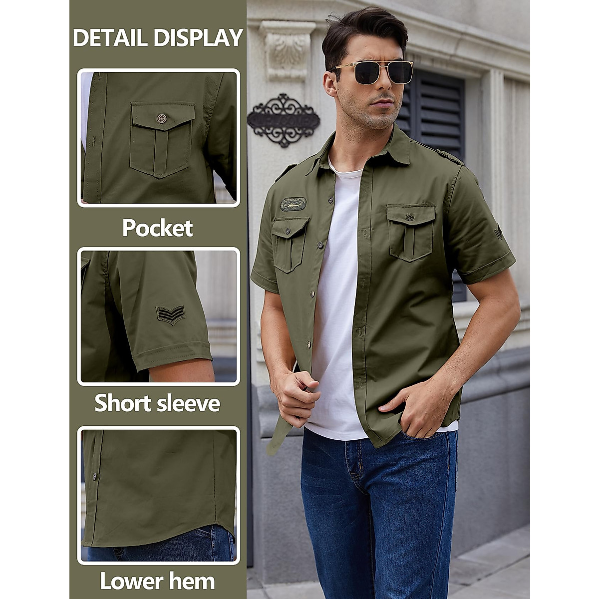 Gihuo Men Shirt Short Sleeve Military Button Down Army Tactical Shirt Utility Cargo Work Uniform Shirt Tops (Medium, Army Green)