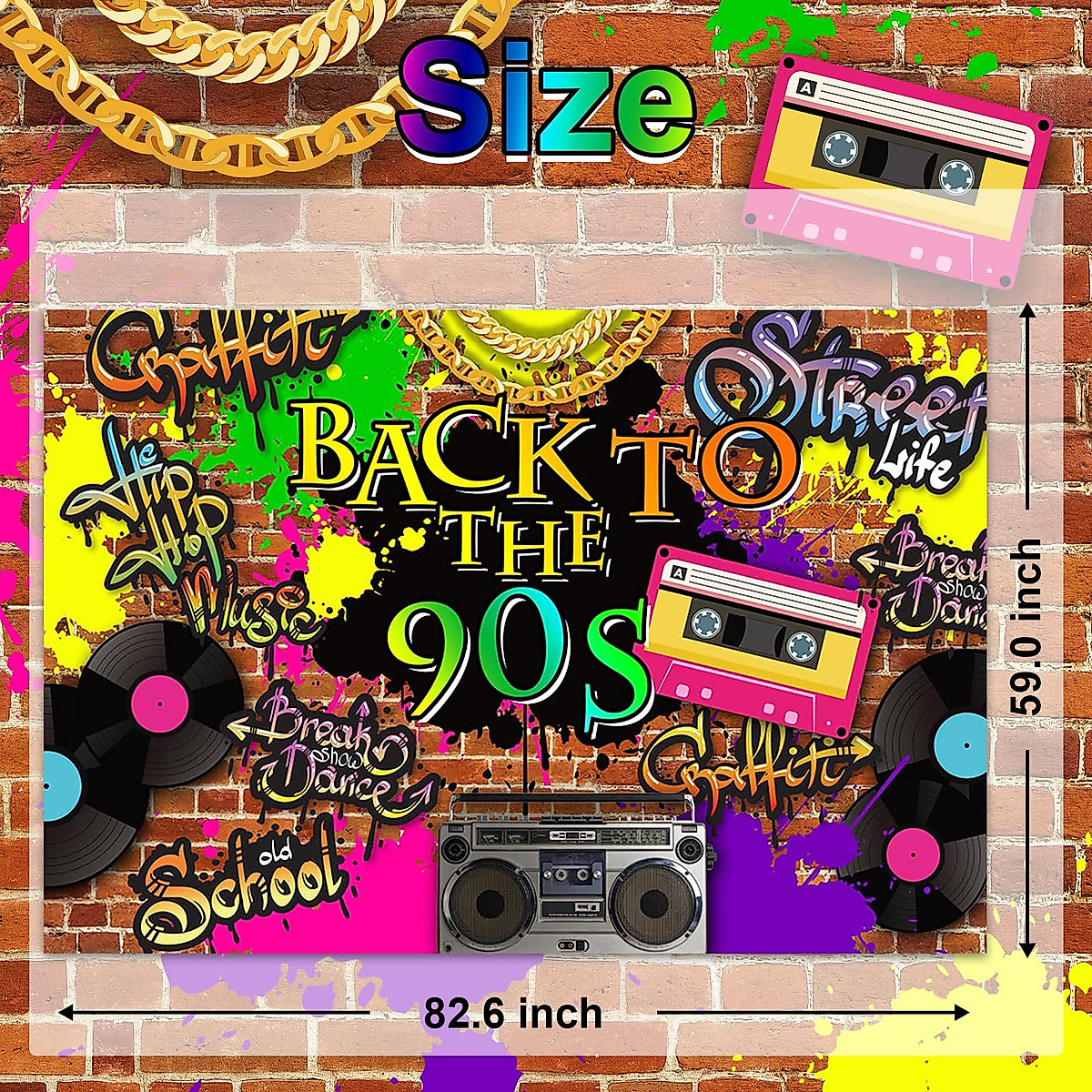 Mocsicka 90’S Backdrop Hip Hop Graffiti Brick Wall Retro Radio Fashion Photography Background Back to The 90’S Themed Party Banner Decoration Backdrops (7x5ft)