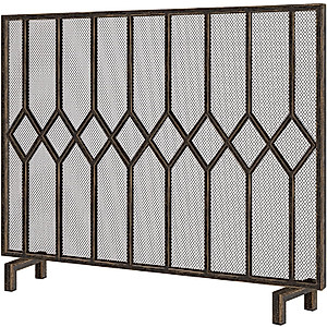 AMAGABELI GARDEN & HOME Decorative Fireplace Screen for Wood Burning Fireplace Stove Wrought Iron Flat Single Panel Stand Alone Cover, Fire Spark Guard Safety Mesh Modern Indoor Outdoor Brass Bronze