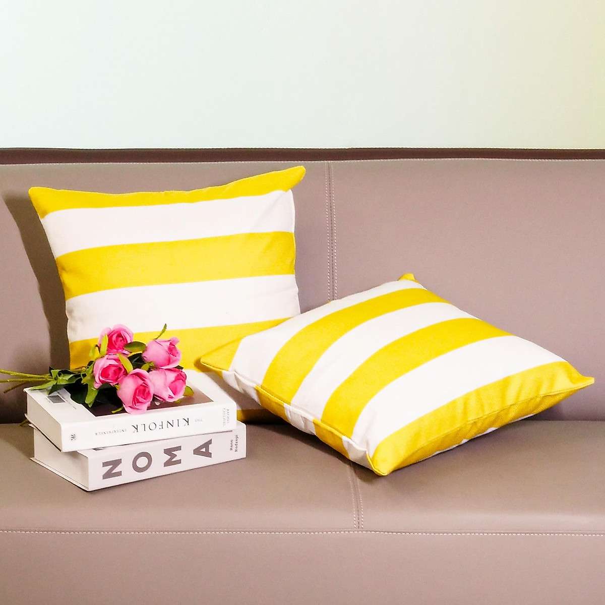 tiggell 2 Pack Waterproof Pillow Covers Outdoor Throw Pillowcases Decorative Garden Cushion Case for Home Garden Patio Couch Balcony Striped (Yellow & White, 18 * 18 inch)