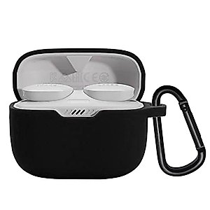 Soft Silicone Protective Case Cover Compatible with JBL Tune 130NC TWS True Wireless Earphones Shockproof Portable Cover with Carabiner（Black）