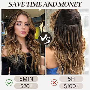 KooKaStyle Clip in Long Wavy Synthetic Hair Extension 20 Inch 4PCS Balayage Dark Brown to Chestnut Hairpieces Fiber Thick Double Weft Hair Extension for Women