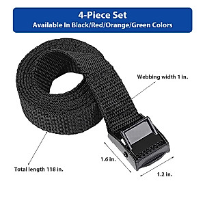 Senzkon Lashing Strap Tie Down Straps 4 Pack 118'' x 0.98'' Load Capacity 350lbs, Quick-Adjust Heavy Duty Tensioning Belts for Securing Goods or Luggage on Trucks,Kayaks,Motorbikes (118''- 4Pack)