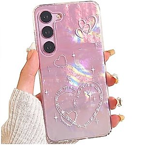 YeLoveHaw for Samsung Galaxy S23 Phone Case for Women Girls, Glitter Pink Purple Colorful Pearly-Lustre Shell, Cute Heart-Shaped Pattern, Slim Protective Cover for Samsung S23 6.1 (White Hearts)