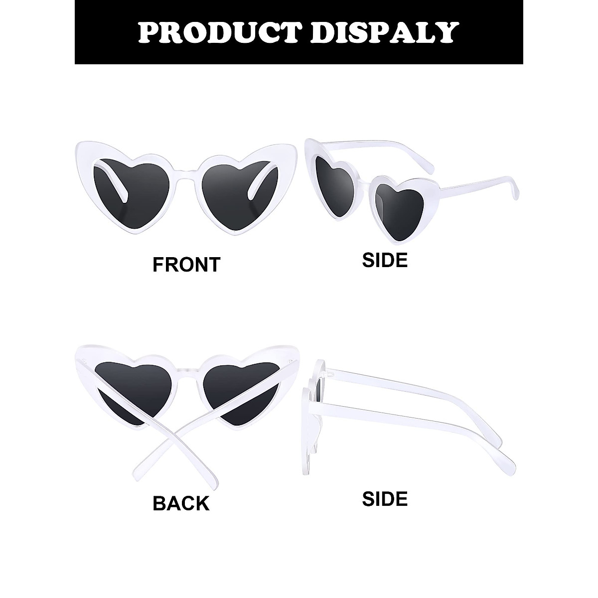 Frienda 6 Pairs Heart Shaped Sunglasses Cat Eye Sunglasses Vintage Heart Glasses for Wedding Costume Party (White-Grey)