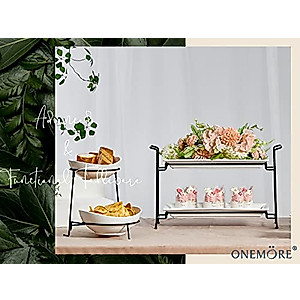 ONEMORE 2-Tier Serving Tray, Collapsible Food Display Stand with Microwave Freezer and Oven Safe Rectangular Ceramic Platters Perfect for Indoor/Outdoor Celebrations and Parties - Bright White