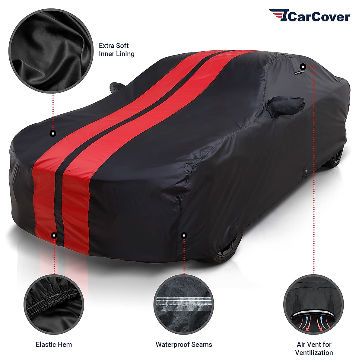 iCarCover Custom Car Cover for 2020-2025 Toyota GR Supra Waterproof All Weather Rain Snow UV Sun Protector Full Exterior Indoor Outdoor Car Cover (Stripe - Black/Red)