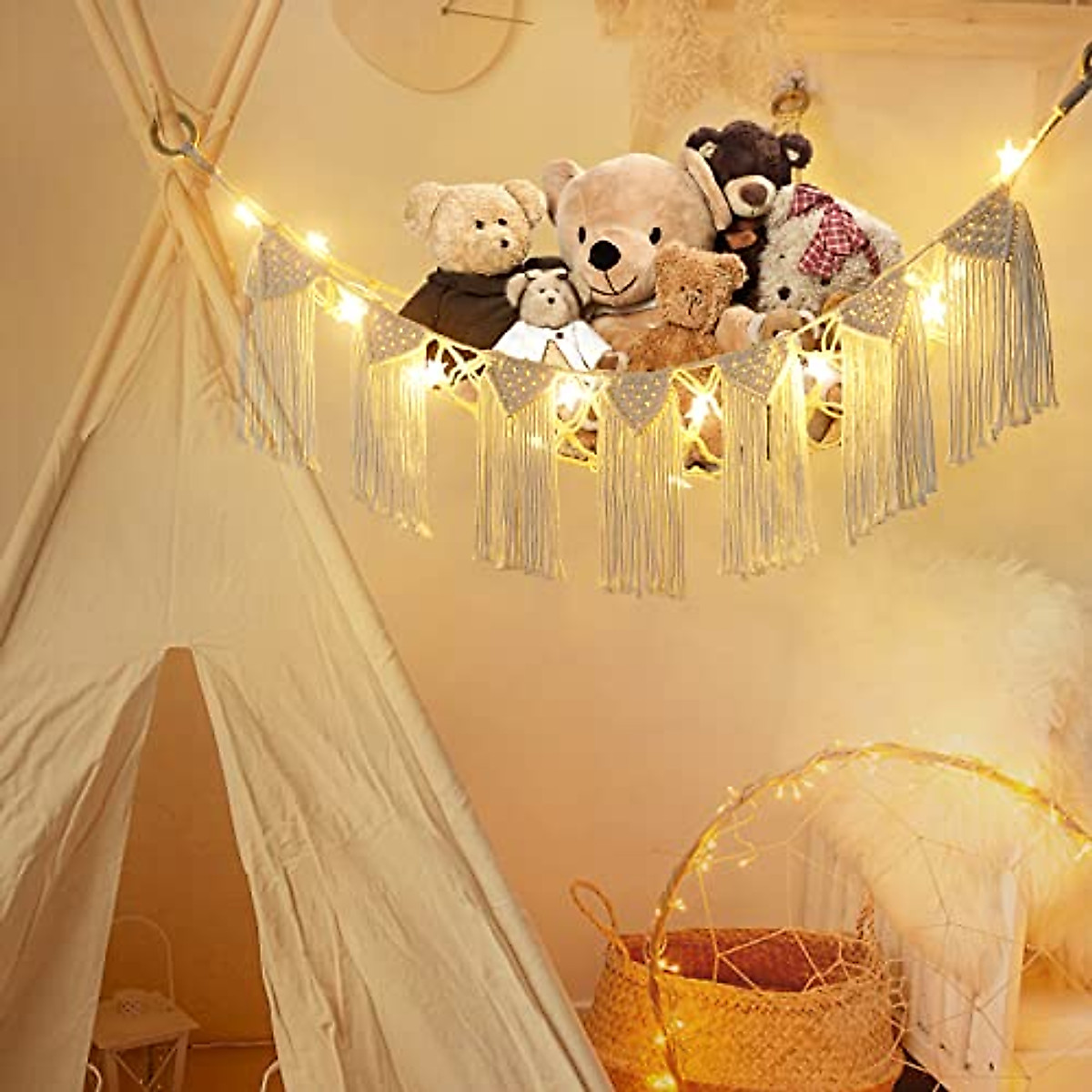 Dremisland Stuffed Animal Toy Hammock with Fairy Lights Macrame Boho Plush Toy Net Hammock with Tassels-Stuff Animals Organizer Storage Corner Plush Toys Net Holder for Nursery Play Room, Kids Bedroom