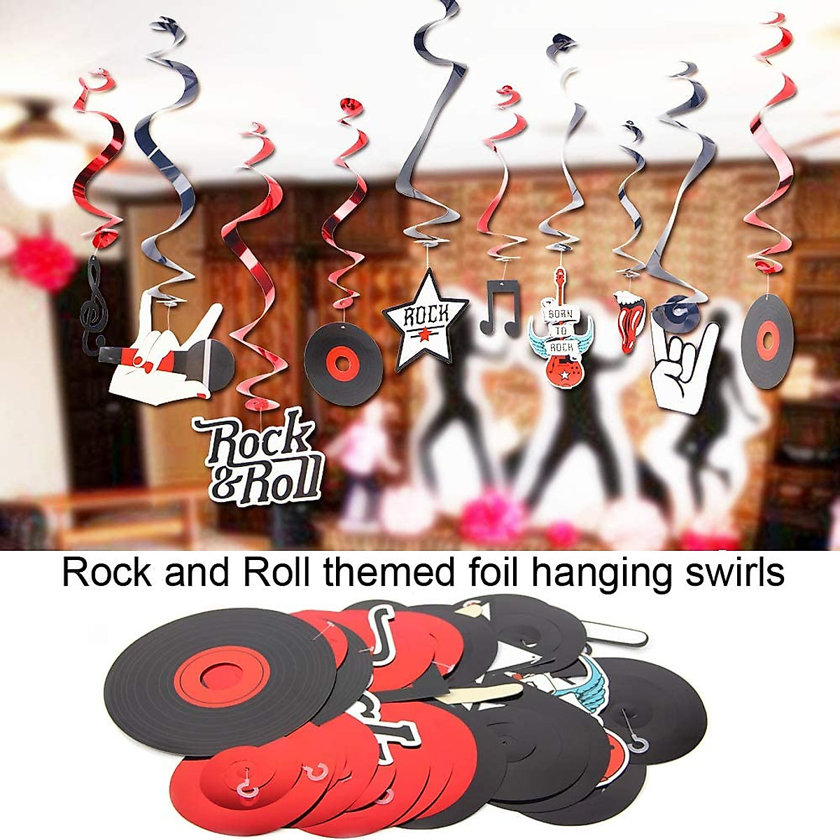 Rock and Roll Themed Birthday Party Decoration Rock Star Foil Swirl Happy Birthday Banner Tassel Paper Garlands Tissue Pom Poms Decor 40pcs Easy Joy