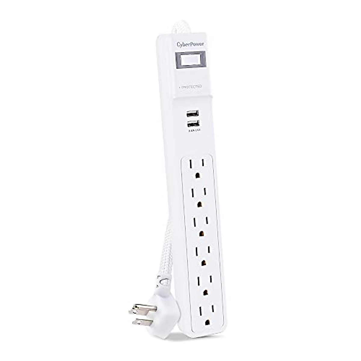 CyberPower P606URC2 Surge Protector, 500J/125V, 15A, 6 Outlets, 2 USB Charging Ports, 6 Foot Cord, White