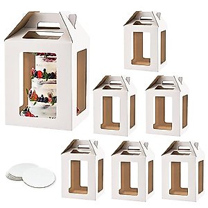 Hzzycaxli 6Pcs Tall Cake boxes with 6 windows and Cake Boards,10x10x12 Inch Large Tiered Cake Box for Wedding Birthday Transport,Durable White Bakery Box Disposable Cake Containers Cake Boxes