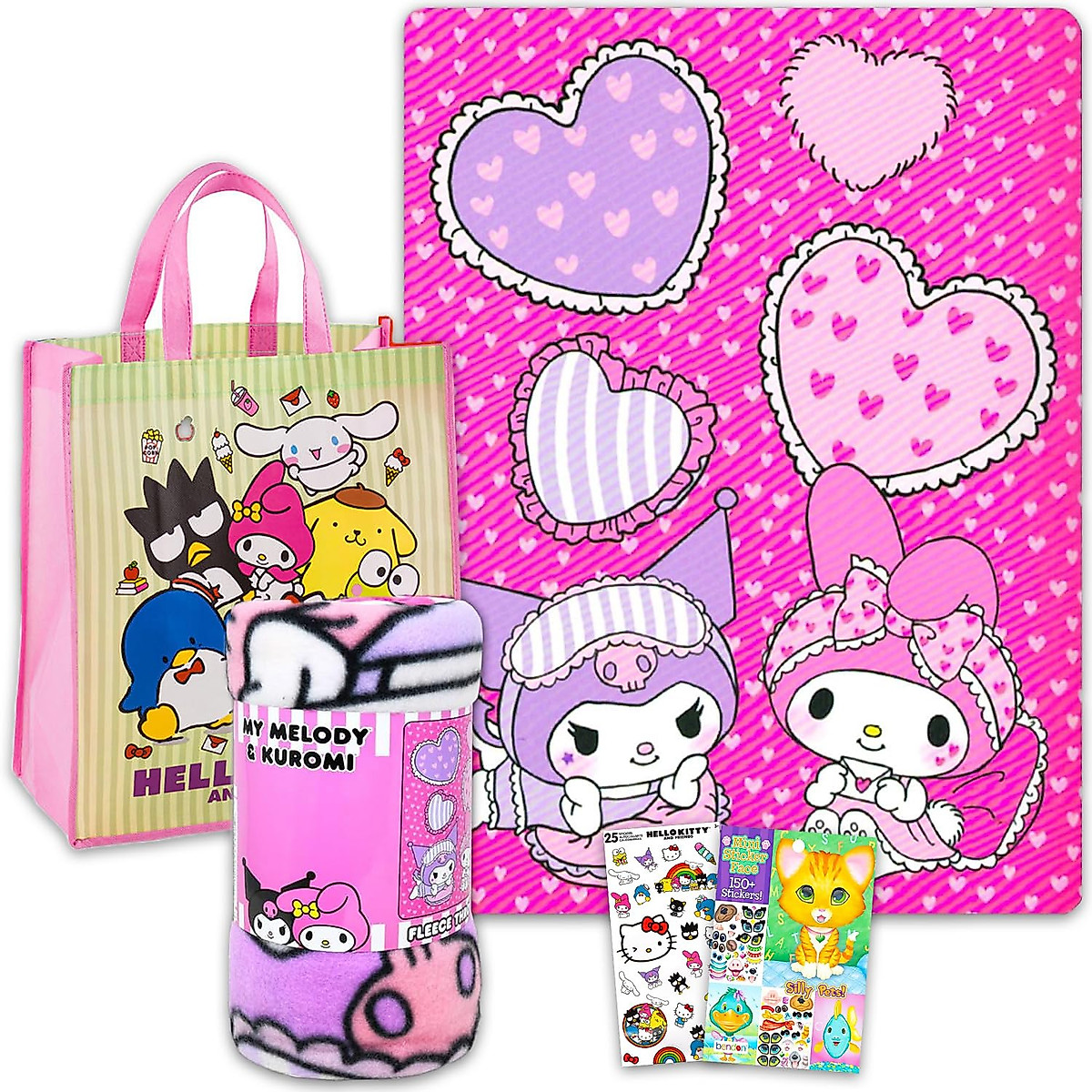 Hello Kitty Fleece Blanket Sleepover Set for Girls - Bundle with 45x60 Inch My Melody Throw Blanket, Hello Kitty and Friends Bag, Stickers and More | Hello Kitty Overnight Pack