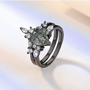 Pear Cut Moss Water Grass Stone Stackable Ring Set with Black Gold Plating and sparkling Zircon