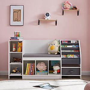 GABHX Montessori Kids Reading Nook with Sling Bookshelf, Toy Organizer with Bench and Black Board, 5 in 1 Kids Bookcases for Nursery or Children's Room