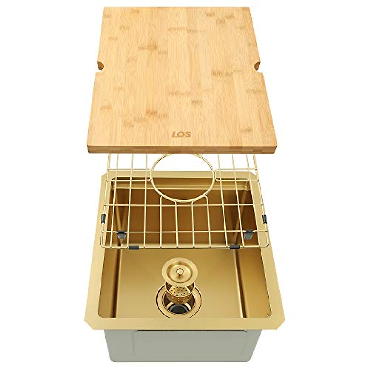 LQS Kitchen Sink Drain Strainer Assembly and Gold Undermount Bar Sink, RV Sink, Handmade Stainless Steel Bar Sink 15" x 17", 16 Gauge Workstation Sink