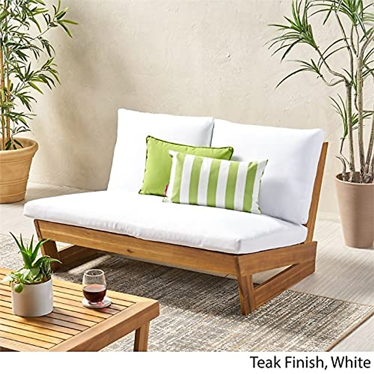 Great Deal Furniture Kaitlyn Outdoor Acacia Wood Loveseat with Cushions, Teak and White