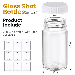 9 Pack 2 oz Glass Shot Bottles w/ White Lids & 9 Labels - Small Clear Jar for Ginger, Wellness Shot, Juice, Sample, Whiskey - Travel Essentials Mini Bottles - Wide Mouth, Leakproof, Dishwasher Safe