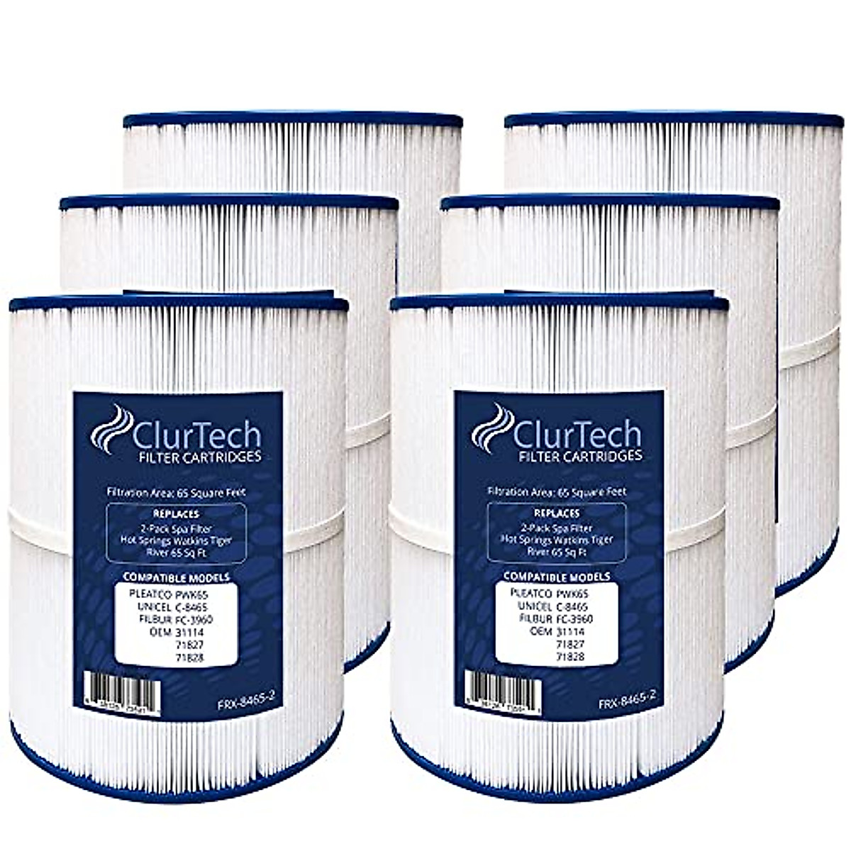 ClurTech FRX-8465-6 Replacement 6 Pack Hot Springs Watkins Tiger River 65 Sq Ft Spa Filter PWK65 C-8465 FC-3960 31114 71827 71828, White