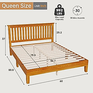 PayLessHere Wood Platform Bed Frame Solid Wood Foundation/Wood Slats Support/No Box Spring Needed/Easy Assembly,Brown (with Headboard, Queen)