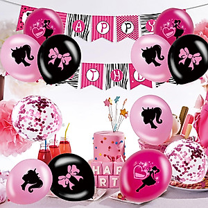 DPKOW Princess Balloons Pink Girls Balloons Hot Pink Latex Balloons Black Pink Confetti Balloon Bulk Cute Fairy Princess Party Decorations Supplies for Kids Girls Birthday Decor Baby Shower, 32pcs