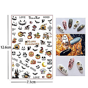 Halloween Nail Art Stickers Decals, Kalolary Self-Adhesive DIY Nail Sticker Decals 3D Design Nail Decorations for Halloween Party Include Pumpkin/Bat/Ghost/Witch(12 Sheets)