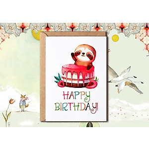 NTVShop Sloth Happy Birthday Card - Sloth Birthday Card - Birthday Card - Sloth Lover Gift - Sloth Cake Card - Cute Birthday Card