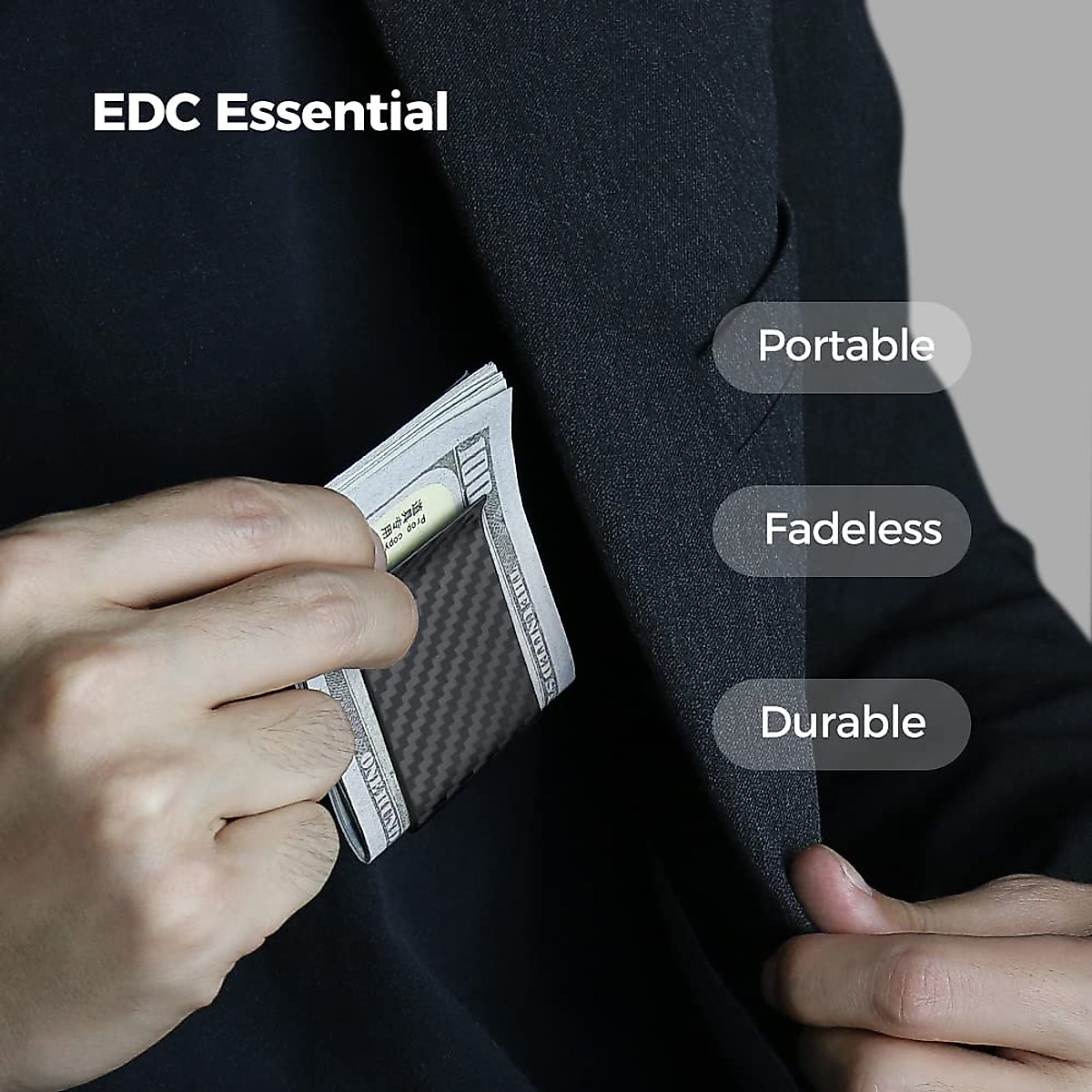 MONOCARBON Carbon-Fiber-Money-Clip-for-Men, Minimalist-Money-Holder for Cash, High Elastic Carbon-Fiber-Wallet, Slim and Durable (Twill Matte Black)