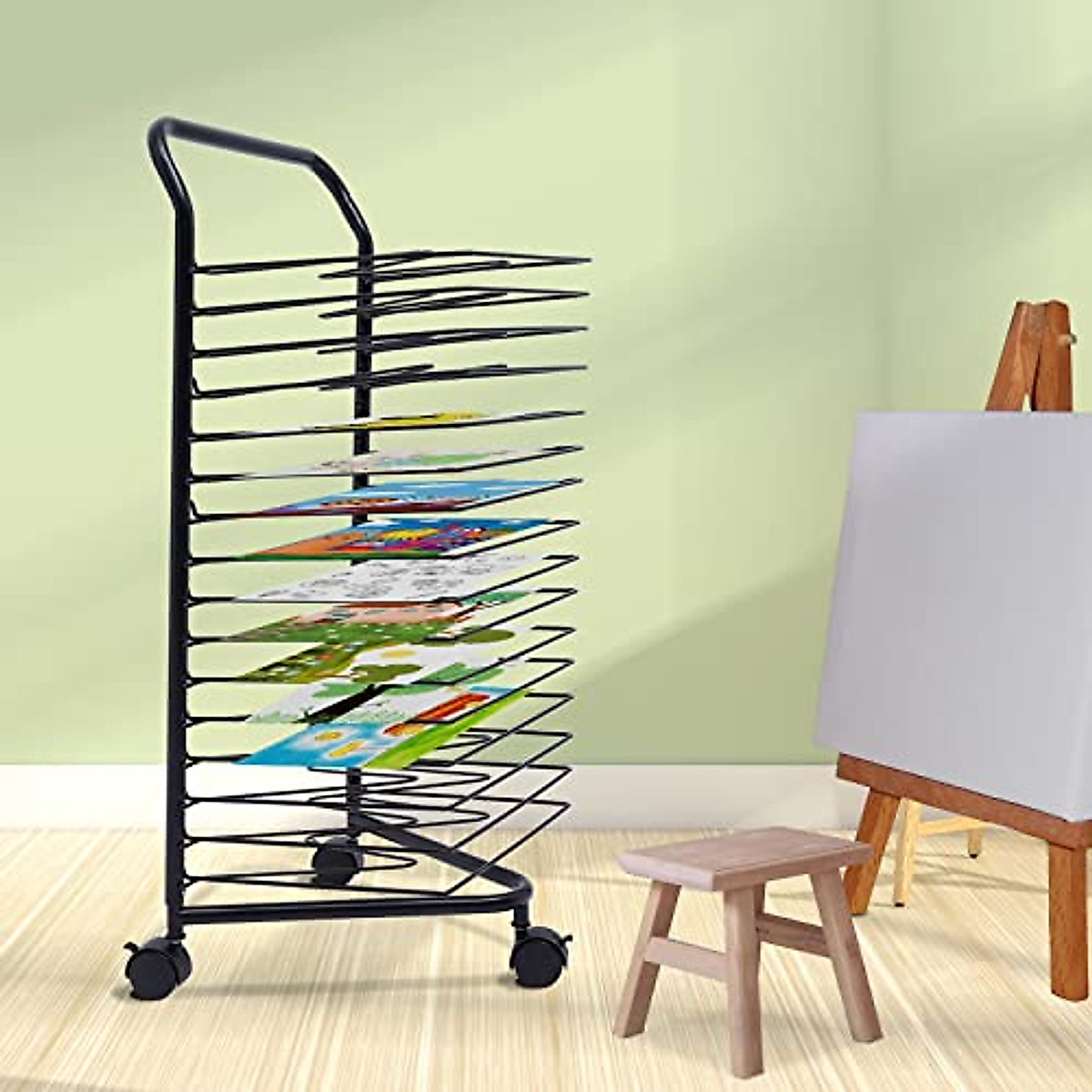 DNYSYSJ Art Drying Rack for Classroom, Paint Drying Rack Art 16 Shelves Metal Artwork Storage Display Rack with Wheels (Black)