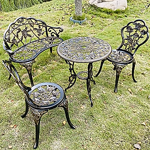 KAI LI 4-Piece Balcony Tables and Chairs, 1 Table, 2 Round Chairs and 1 Bench, Metal cast Aluminum, Bistro Suit, Garden Bench, Rose Pattern (Bronzed)
