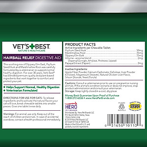 Vet’s Best Cat Hairball Relief Digestive Aid, Vet Formulated Hairball Support Remedy, Classic Chicken Flavor, 180 Chewable Tablets