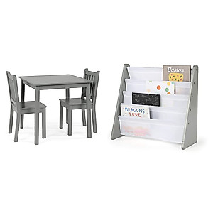 Humble Crew Grey Kids Wood Table, 2 Chairs and 4 Tier Book Rack Set