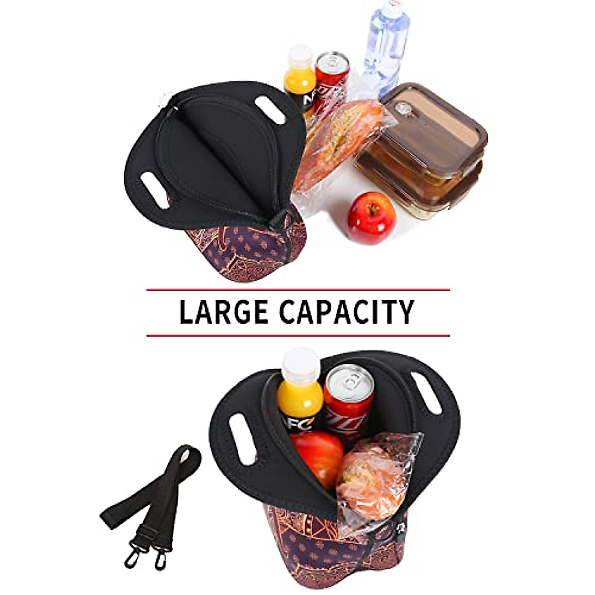 Violet Mist Neoprene Thermal Insulated Lunch Tote Bag Soft Large with Extra Pocket Detachable Adjustable Shoulder Lunchbox Handbags Women men, Retro Elephant 2