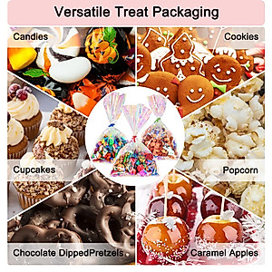 HRX Package 120pcs Iridescent Cellophane Treat Bags with Ties, 6x9 inch Holographic Plastic Goody Bags for Candy Party Favors Small Gifts