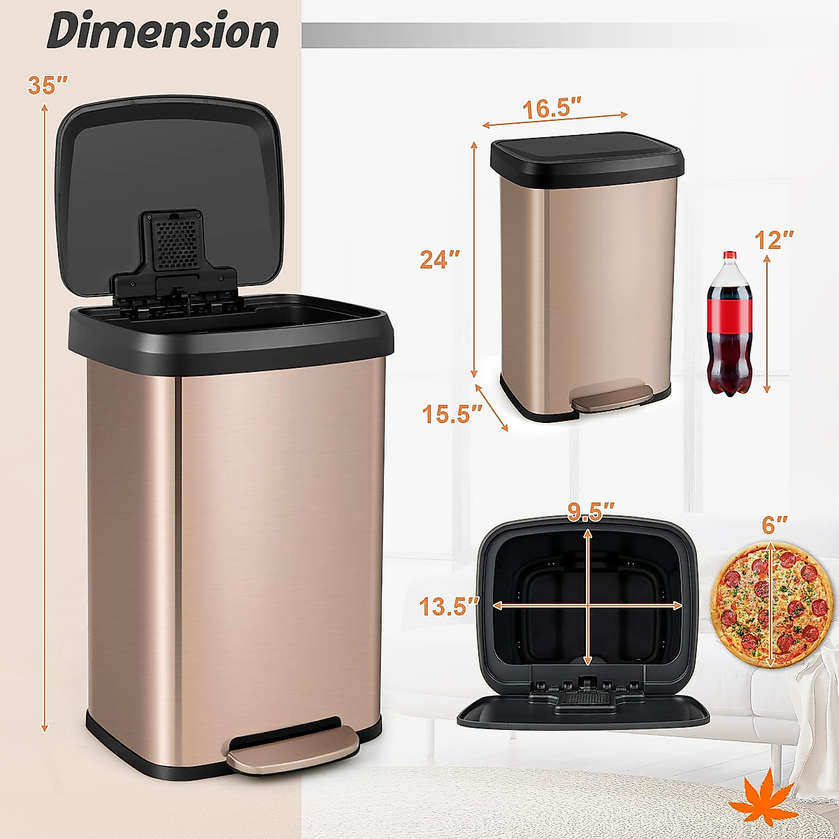 S AFSTAR 13.2 Gallon Step Trash Can, Stainless Steel Garbage Bin with Soft Close Lid & Deodorizer Compartment, Fingerprint-Proof Trash Bin, Step-On Trashcan for Home Office Kitchen, Rose (Golden)